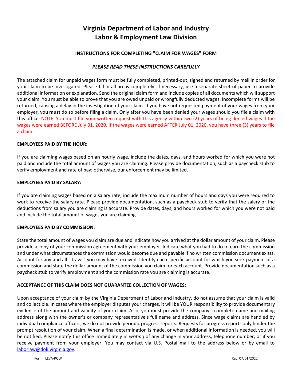 Form LLVA-POW Download Printable PDF or Fill Online Statement of Claim ...