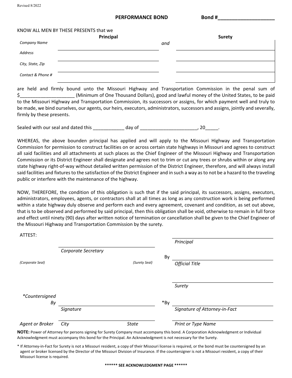 Missouri Performance Bond Download Printable PDF 2020 — 2024 ...