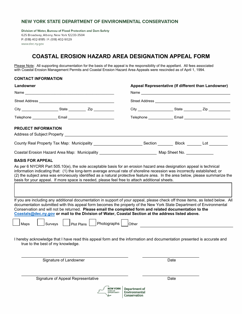 New York Coastal Erosion Hazard Area Designation Appeal Form - Fill Out ...