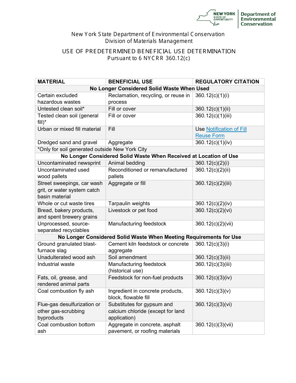 New York Use of Predetermined Beneficial Use Determination - Form With ...