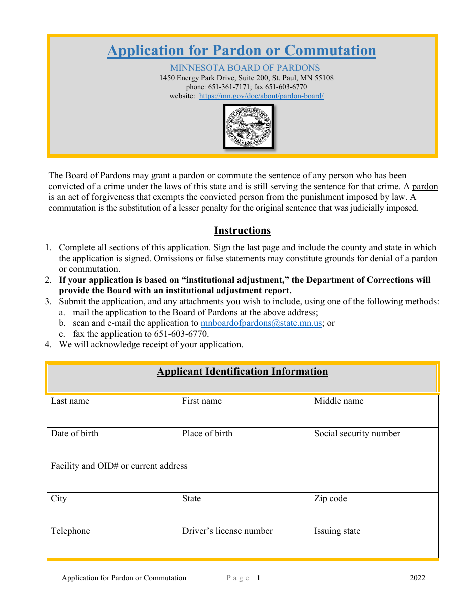 Minnesota Application for Pardon or Commutation Download Fillable PDF ...