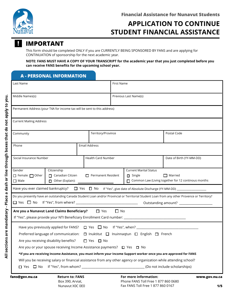 Nunavut Canada Application to Continue Student Financial Assistance - Fill Out, Sign Online and ...