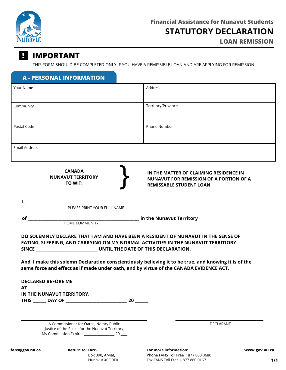 Nunavut Canada Statutory Declaration - Loan Remission - Fill Out, Sign Online and Download PDF ...