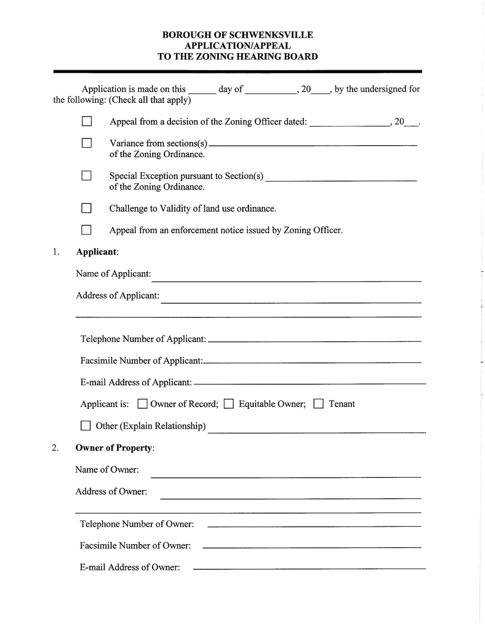 Schwenksville Borough, Pennsylvania Application/Appeal to the Zoning ...