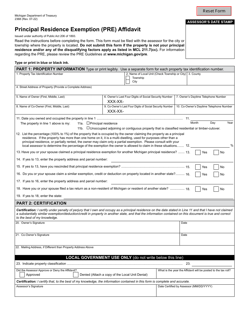 Form 2368 Download Fillable PDF or Fill Online Principal Residence ...