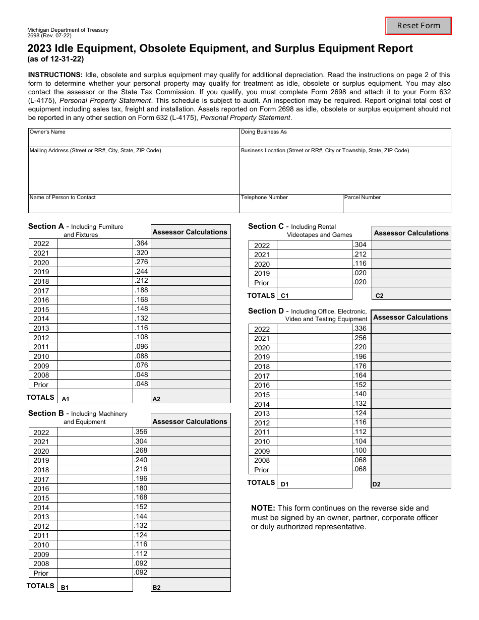 Form 2698 Download Fillable PDF or Fill Online Idle Equipment, Obsolete ...