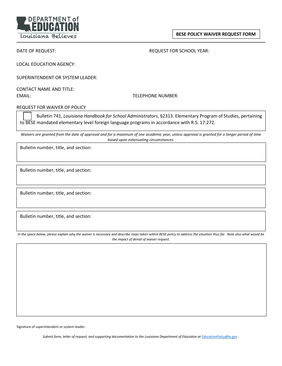 Louisiana Bese Policy Waiver Request Form - Fill Out, Sign Online and ...