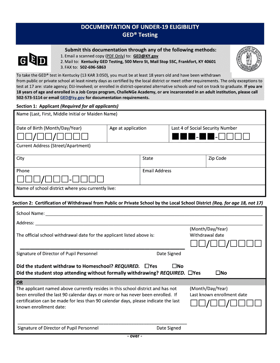 Kentucky Documentation of Under-19 Eligibility Ged Testing Form - Fill ...