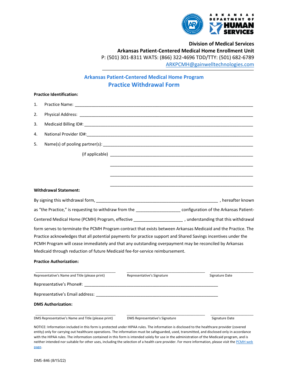 Form DMS-846 Download Fillable PDF or Fill Online Practice Withdrawal Form - Arkansas Patient ...