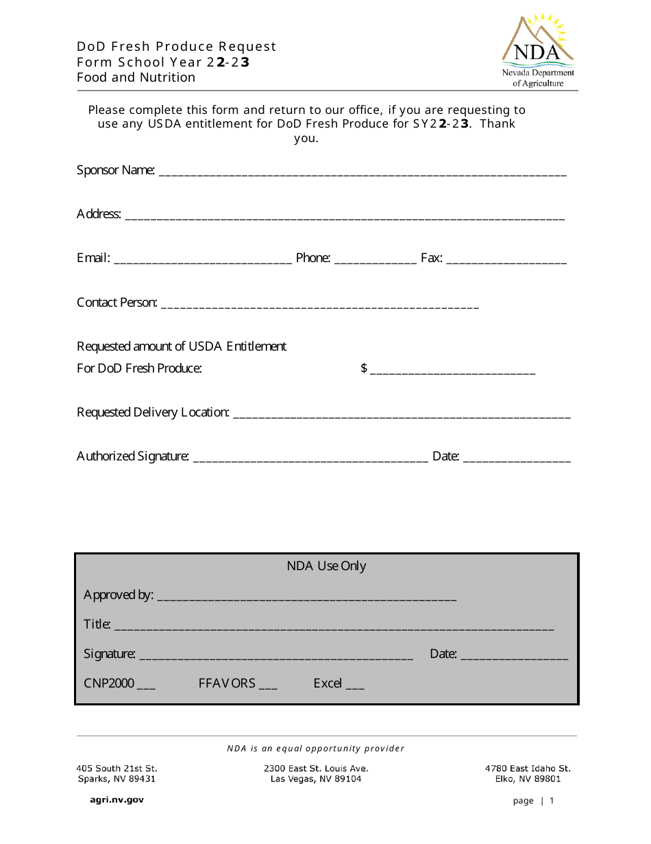 2023 Nevada DoD Fresh Produce Request Form - Food and Nutrition - Fill ...