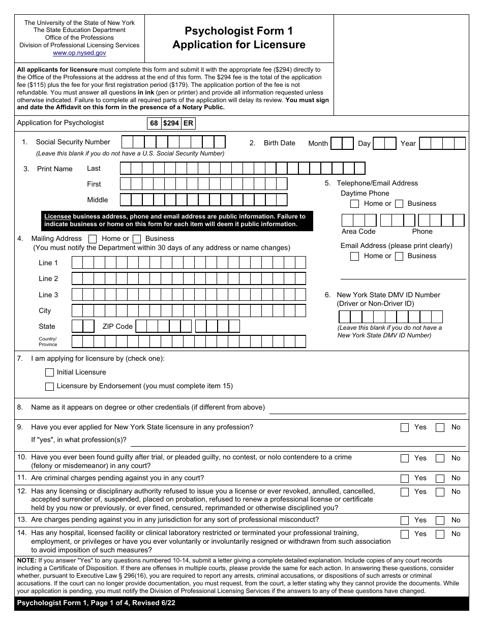 Psychologist Form 1 Download Fillable PDF or Fill Online Application ...