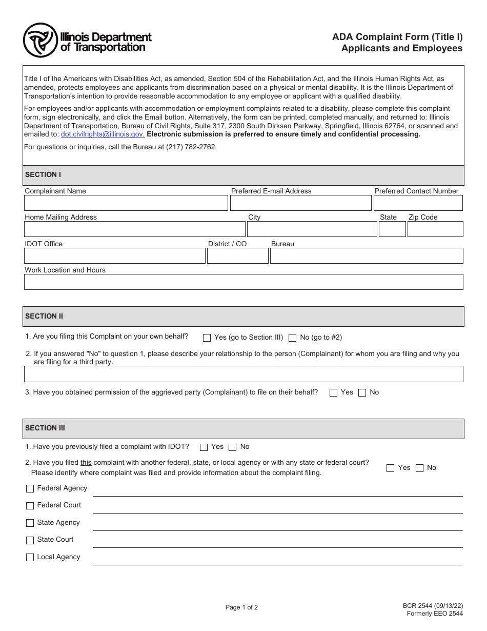 Form BCR2544 Download Fillable PDF or Fill Online Ada Complaint Form (Title I) Applicants and ...