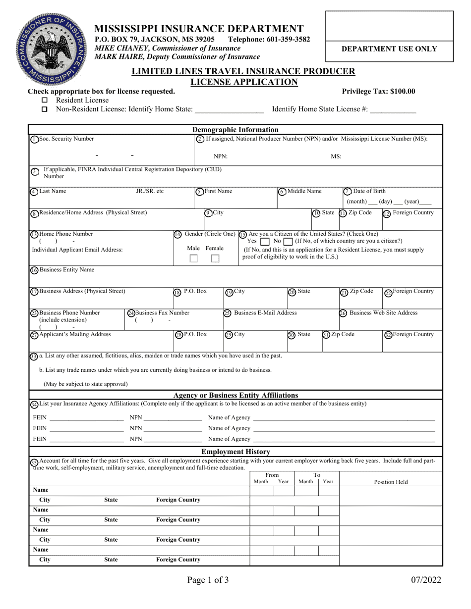 Mississippi Limited Lines Travel Insurance Producer License Application - Fill Out, Sign Online ...