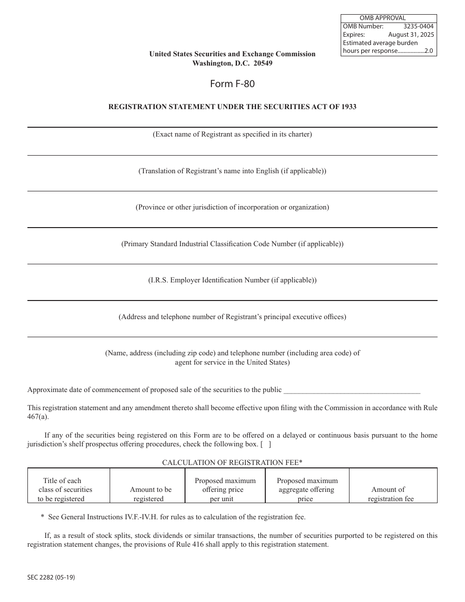 Form F-80 (SEC Form 2282) - Fill Out, Sign Online and Download ...