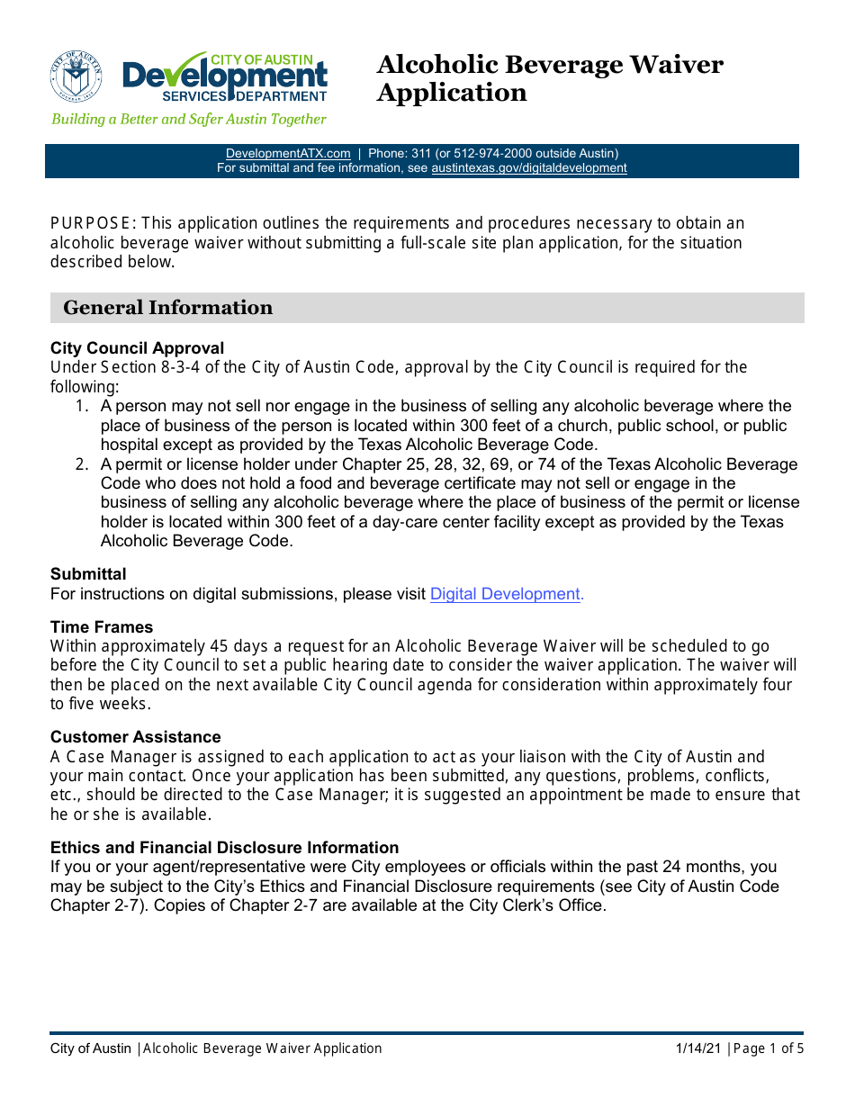 City of Austin, Texas Alcoholic Beverage Waiver Application Download ...