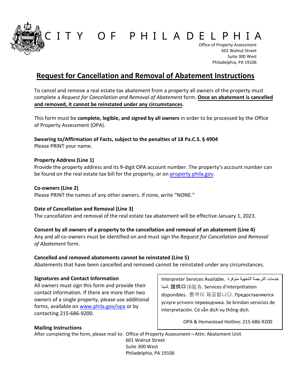 City of Phiadelphia, Pennsylvania Request for Cancellation and Removal ...