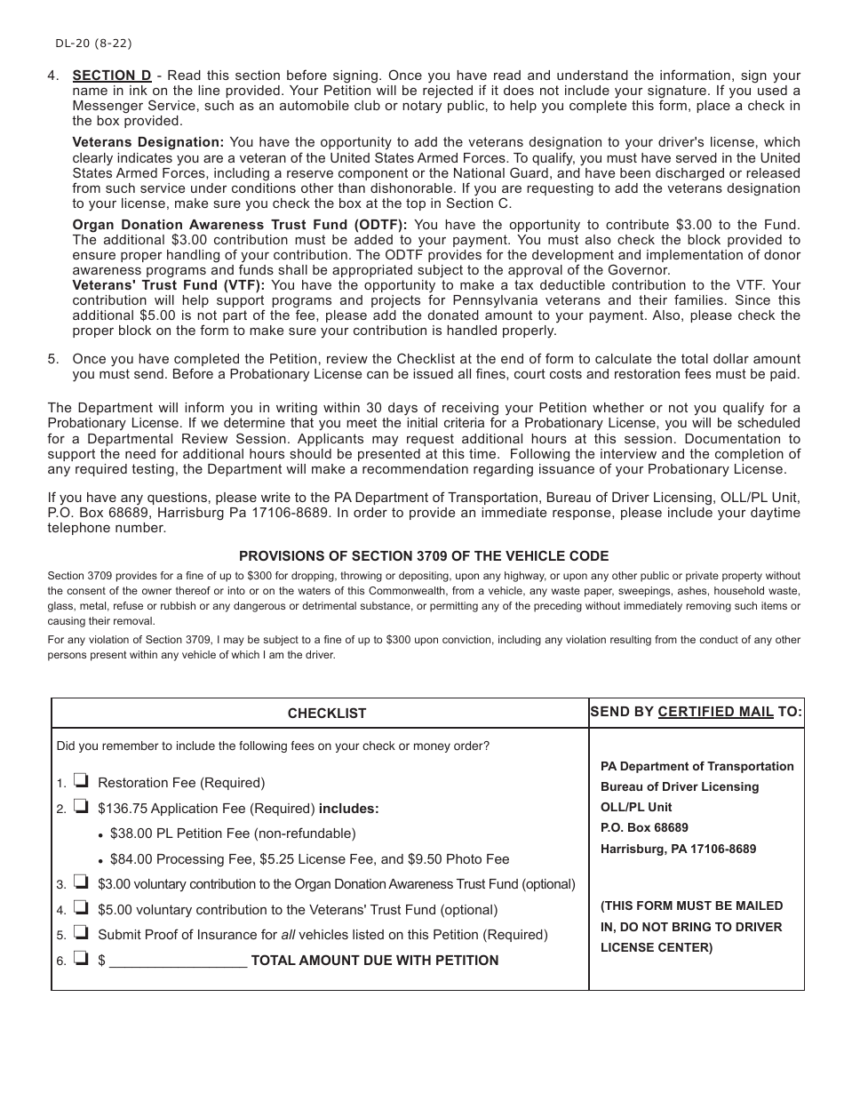 Form DL-20 - Fill Out, Sign Online and Download Fillable PDF, Pennsylvania | Templateroller