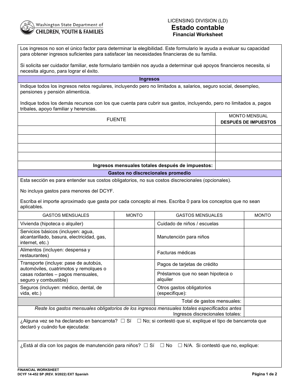DCYF Formulario 14-452 Download Fillable PDF or Fill Online Estado ...