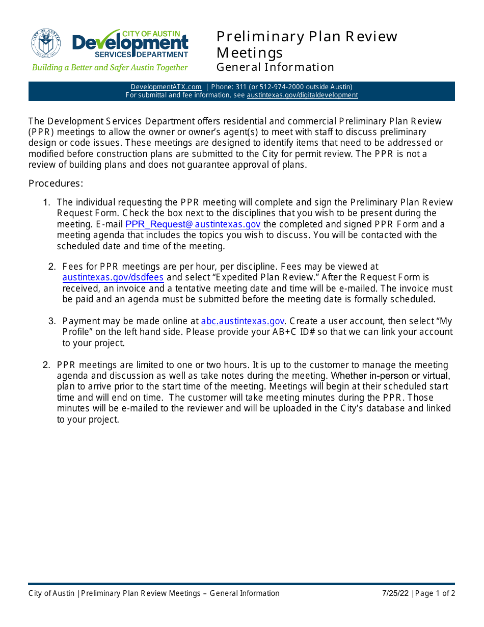 City of Austin, Texas Preliminary Plan Review Commercial Request Form ...
