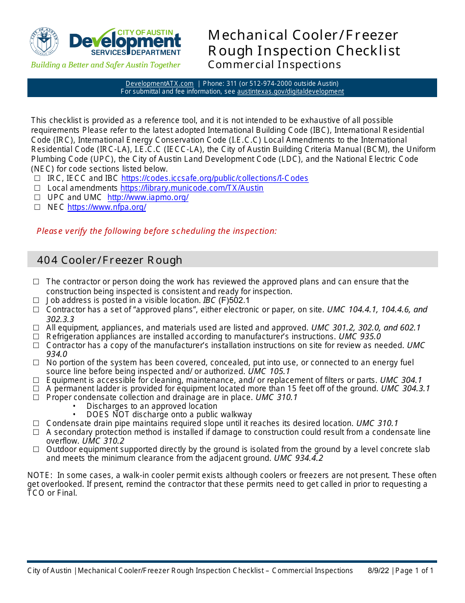 City of Austin, Texas Mechanical Cooler/Freezer Rough Inspection ...