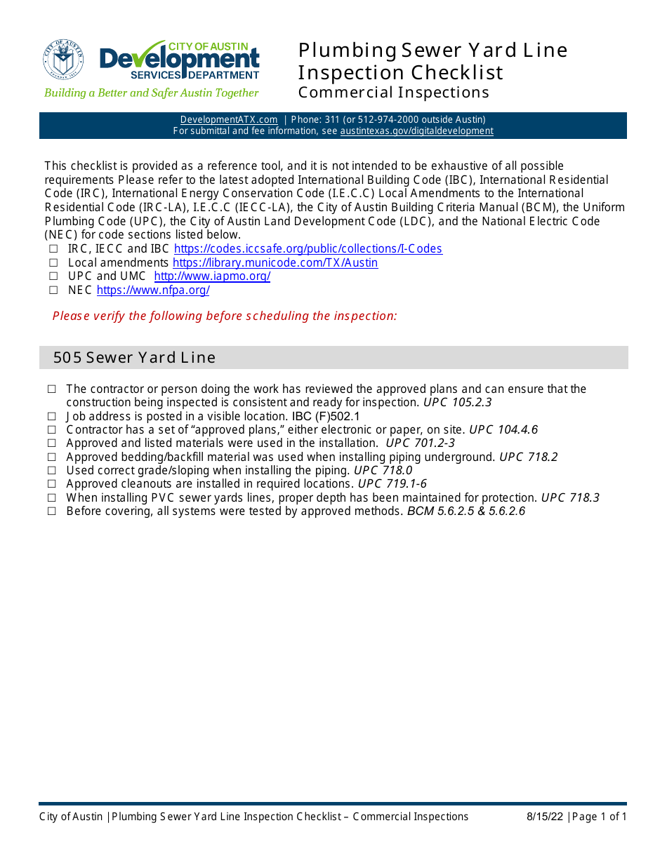 City of Austin, Texas Plumbing Sewer Yard Line Inspection Checklist ...