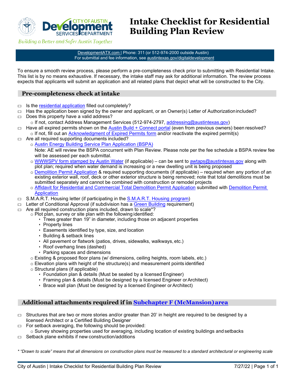 City of Austin, Texas Intake Checklist for Residential Building Plan ...