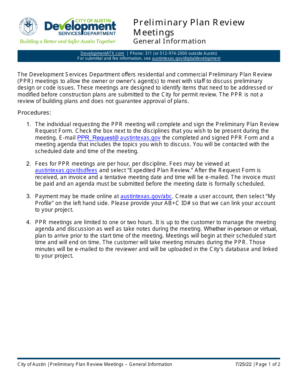 City of Austin, Texas Preliminary Plan Review Residential Request Form ...