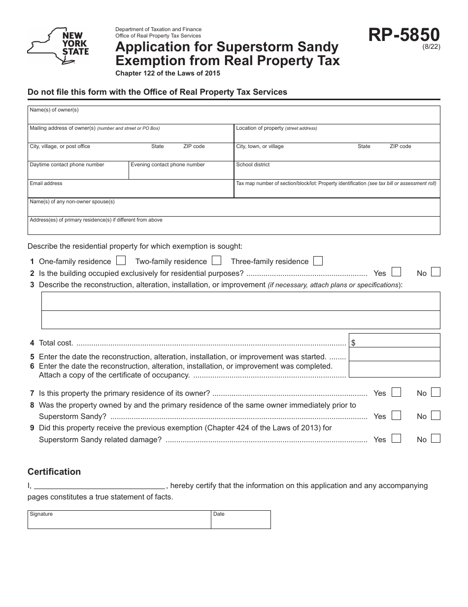 Form RP-5850 Download Fillable PDF or Fill Online Application for ...