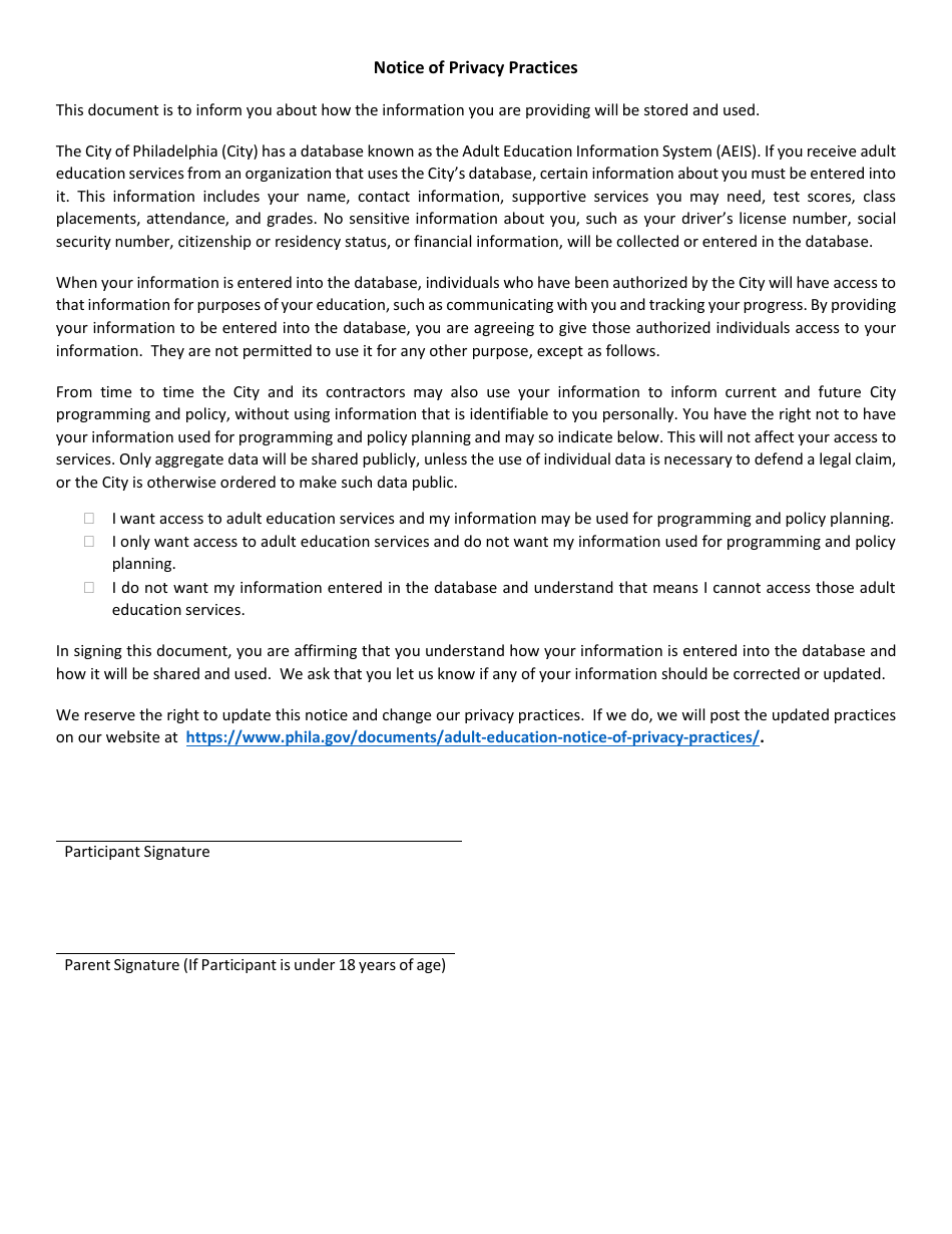 City of Philadelphia, Pennsylvania Notice of Privacy Practices - Adult ...