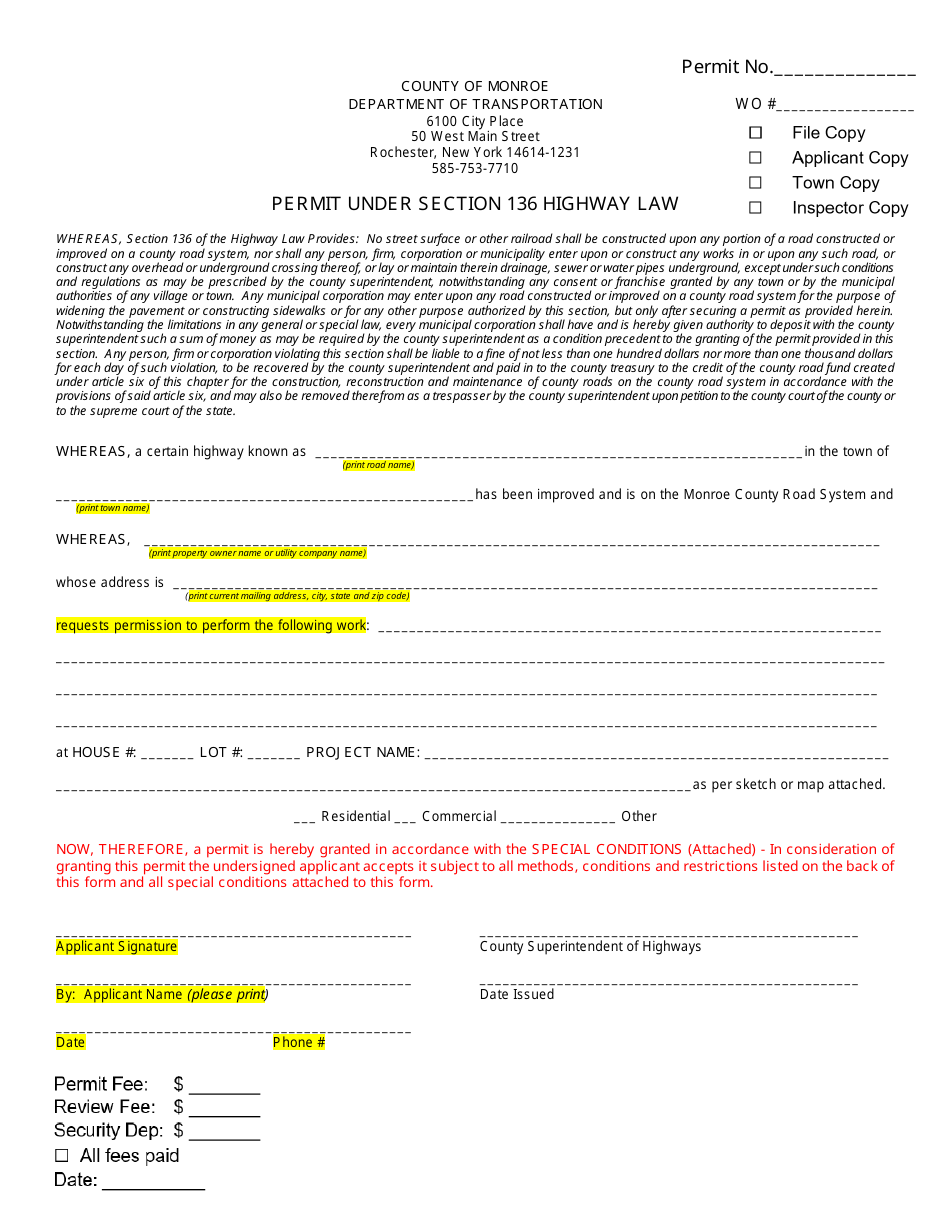 County of Monroe, New York Permit Under Section 136 Highway Law ...