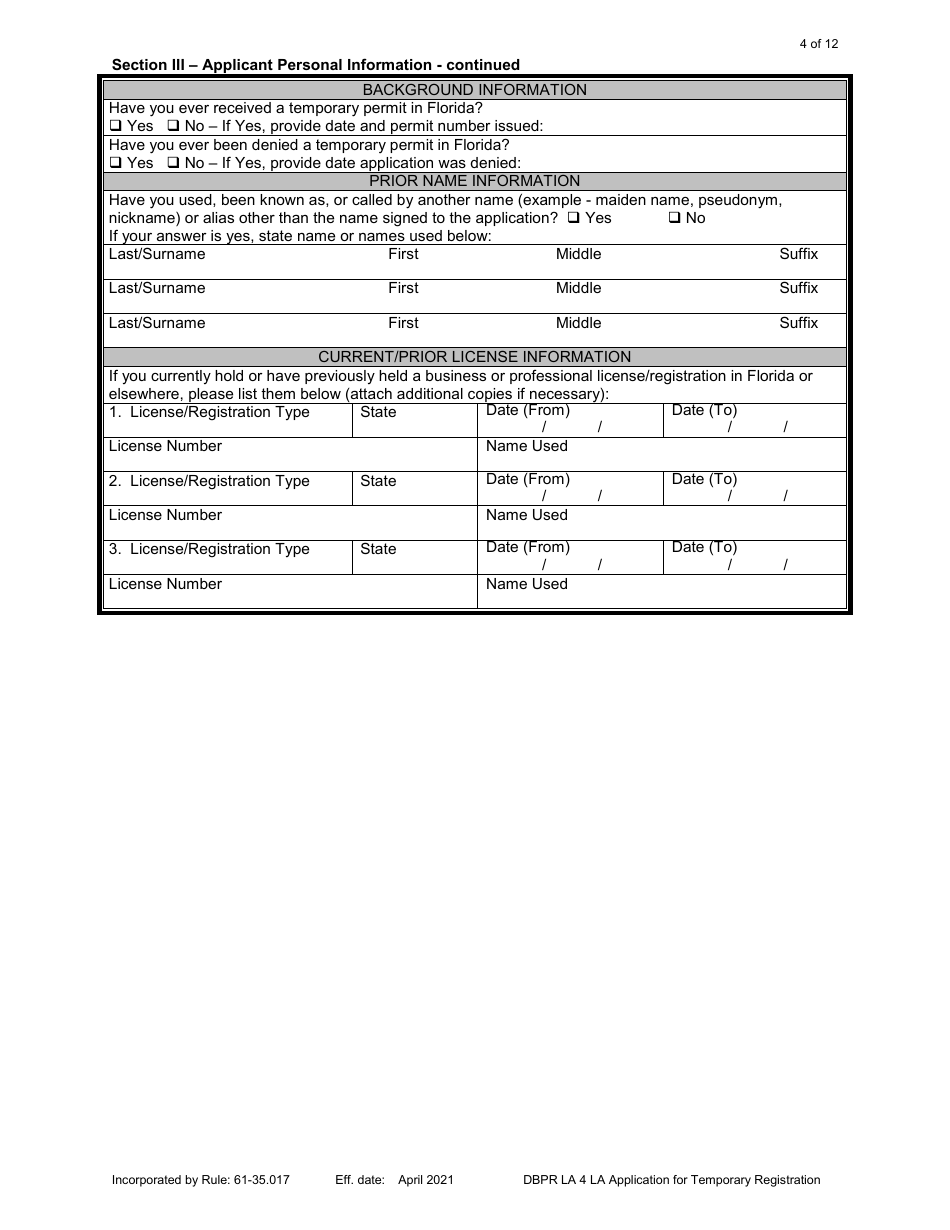 Form DBPR LA4 Download Printable PDF or Fill Online Application for Temporary Registration ...