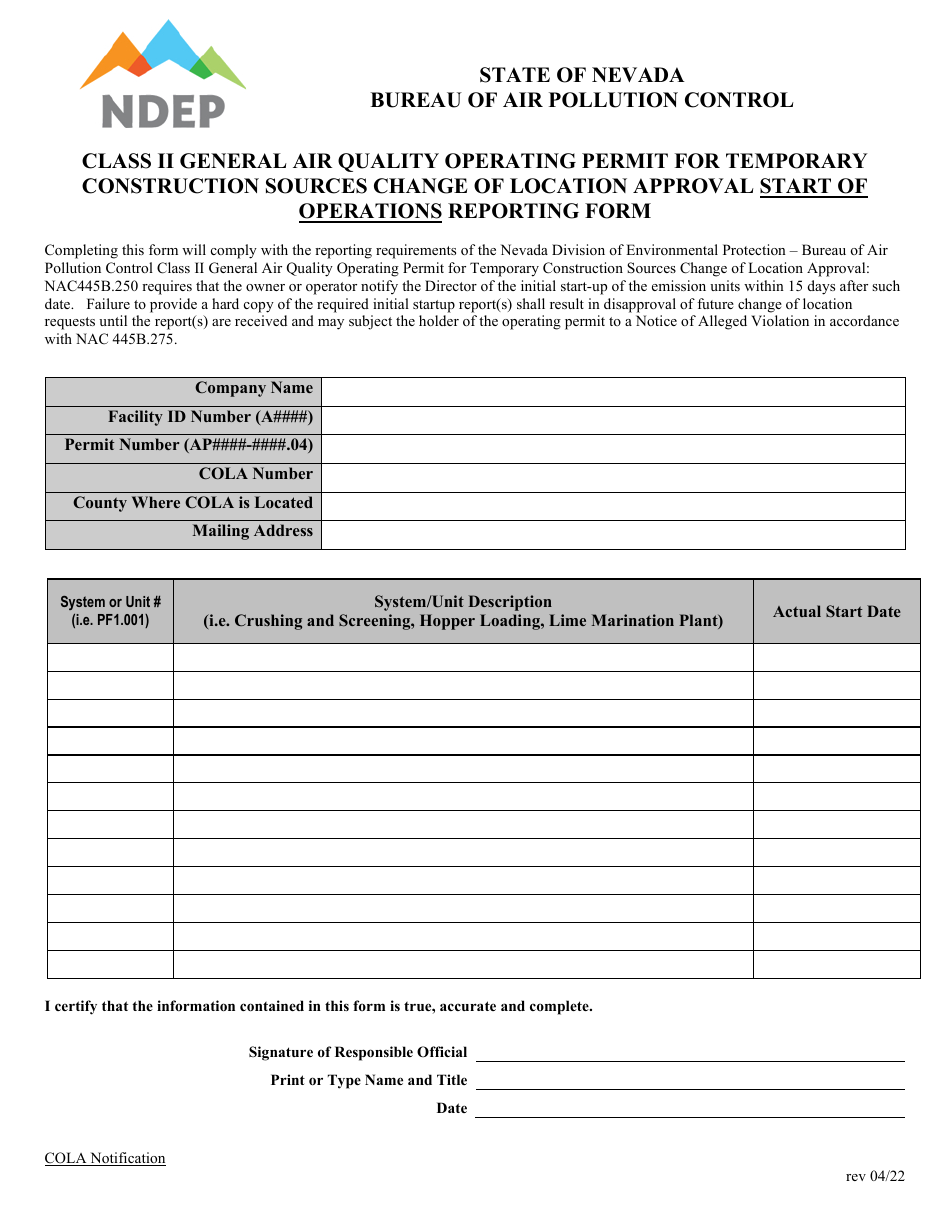 Nevada Class II General Air Quality Operating Permit for Temporary ...