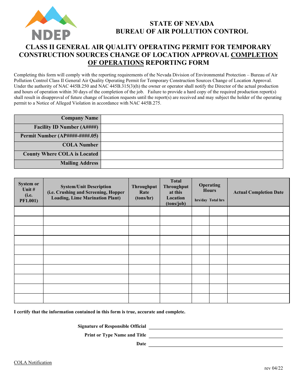 Nevada Class II General Air Quality Operating Permit for Temporary ...