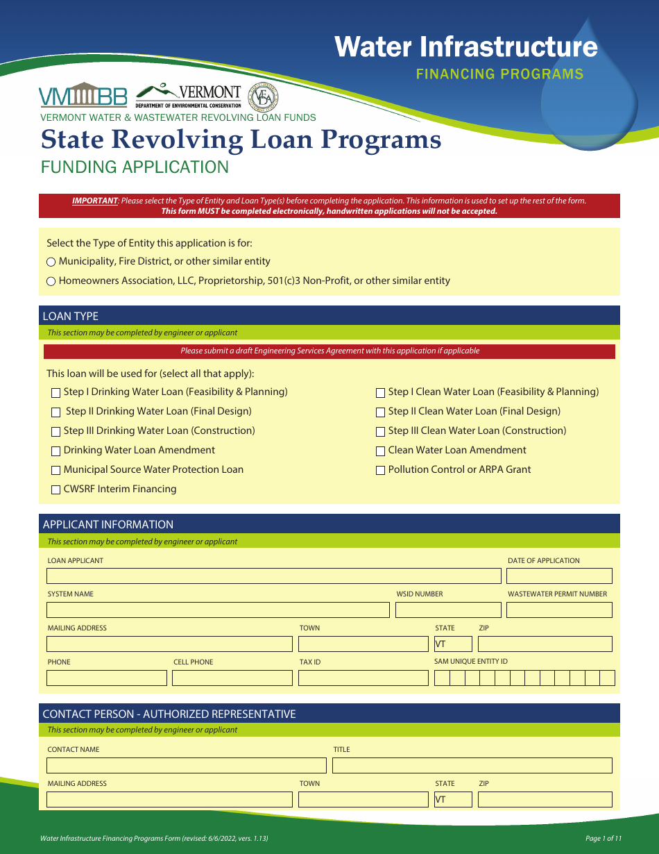 Vermont Funding Application - State Revolving Loan Programs - Fill Out ...