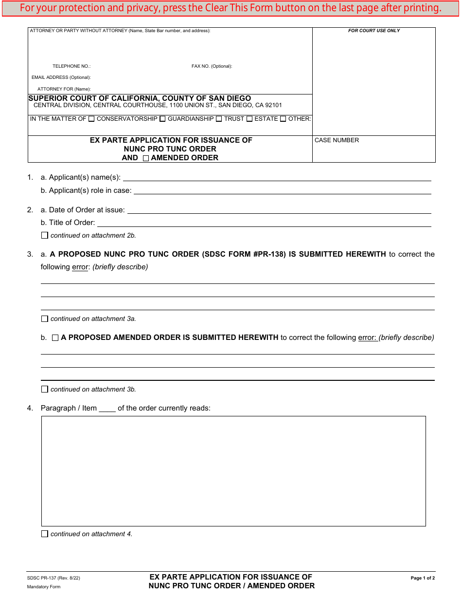 Form PR-137 Download Fillable PDF or Fill Online Ex Parte Application ...