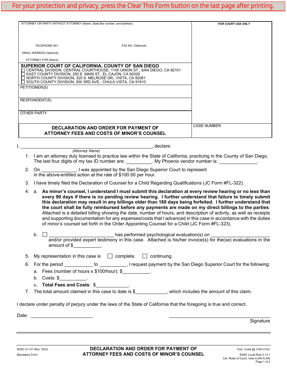 Form D-137 Download Fillable PDF or Fill Online Declaration and Order ...