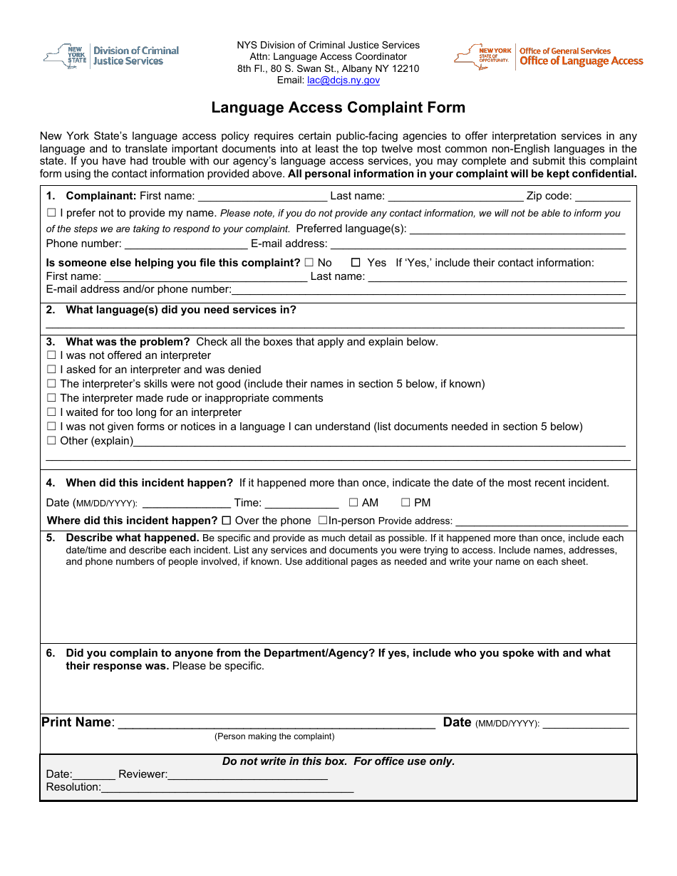 New York Language Access Complaint Form - Fill Out, Sign Online and ...