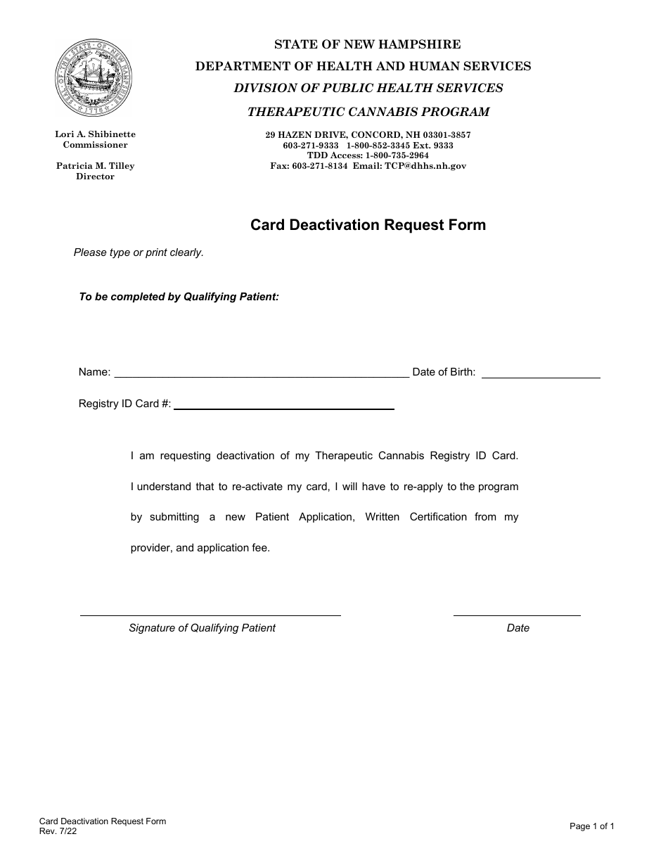 New Hampshire Card Deactivation Request Form - Fill Out, Sign Online ...