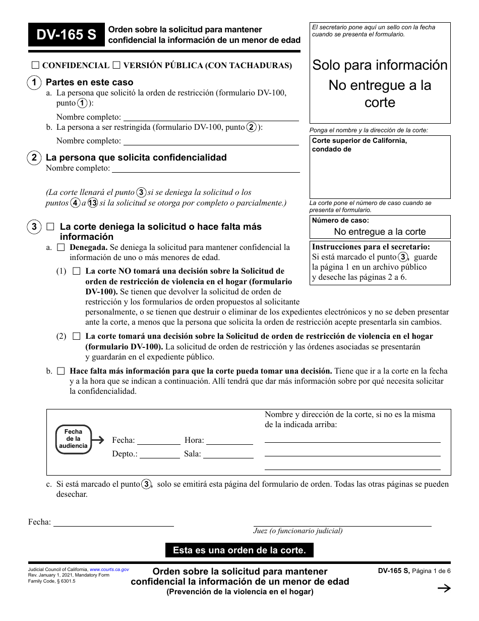 Formulario DV-165 Download Printable PDF or Fill Online Orden Sobre La Solicitud Para Mantener ...