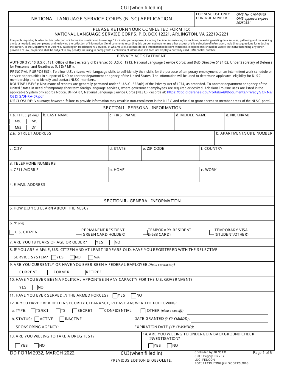 DD Form 2932 Download Fillable PDF or Fill Online National Language ...