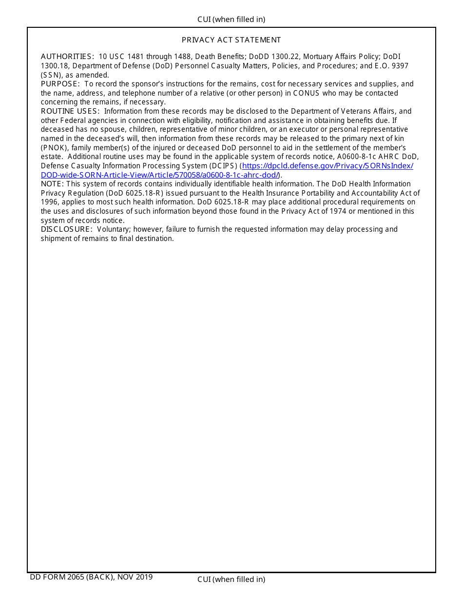 DD Form 2065 Download Fillable PDF or Fill Online Disposition of ...