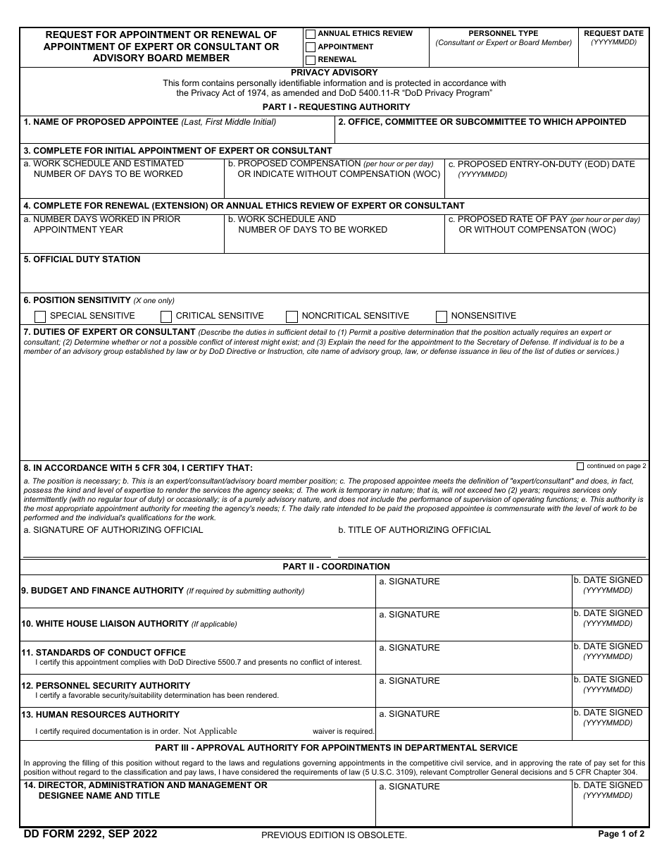 DD Form 2292 Download Fillable PDF or Fill Online Request for ...