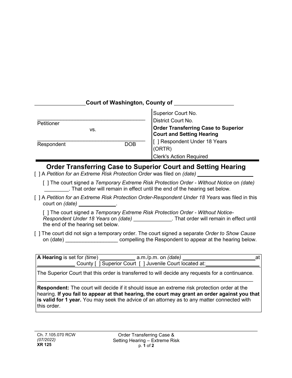 Form XR125 Download Printable PDF or Fill Online Order Transferring Case and Setting Hearing ...