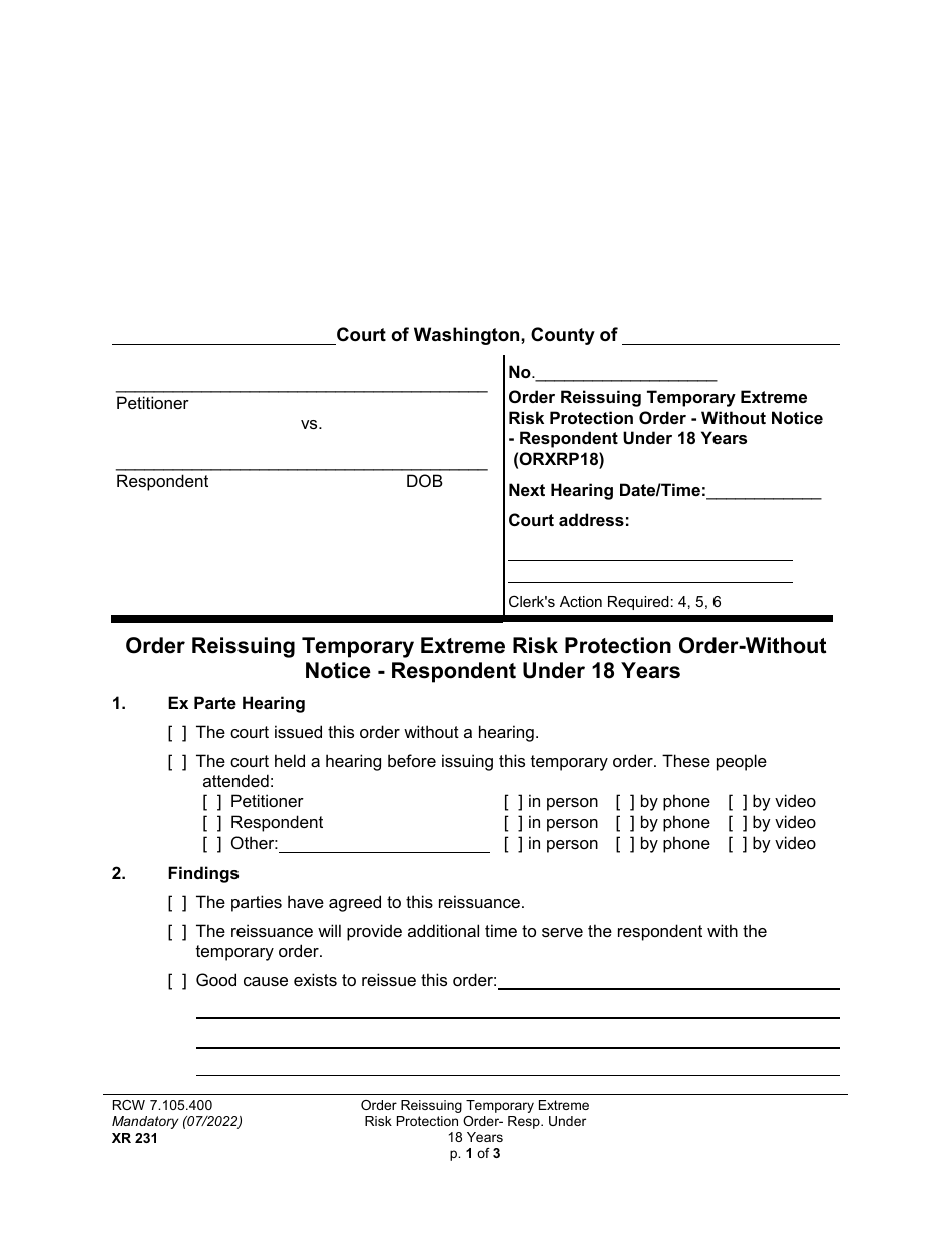 Form XR231 Download Printable PDF or Fill Online Order Reissuing ...