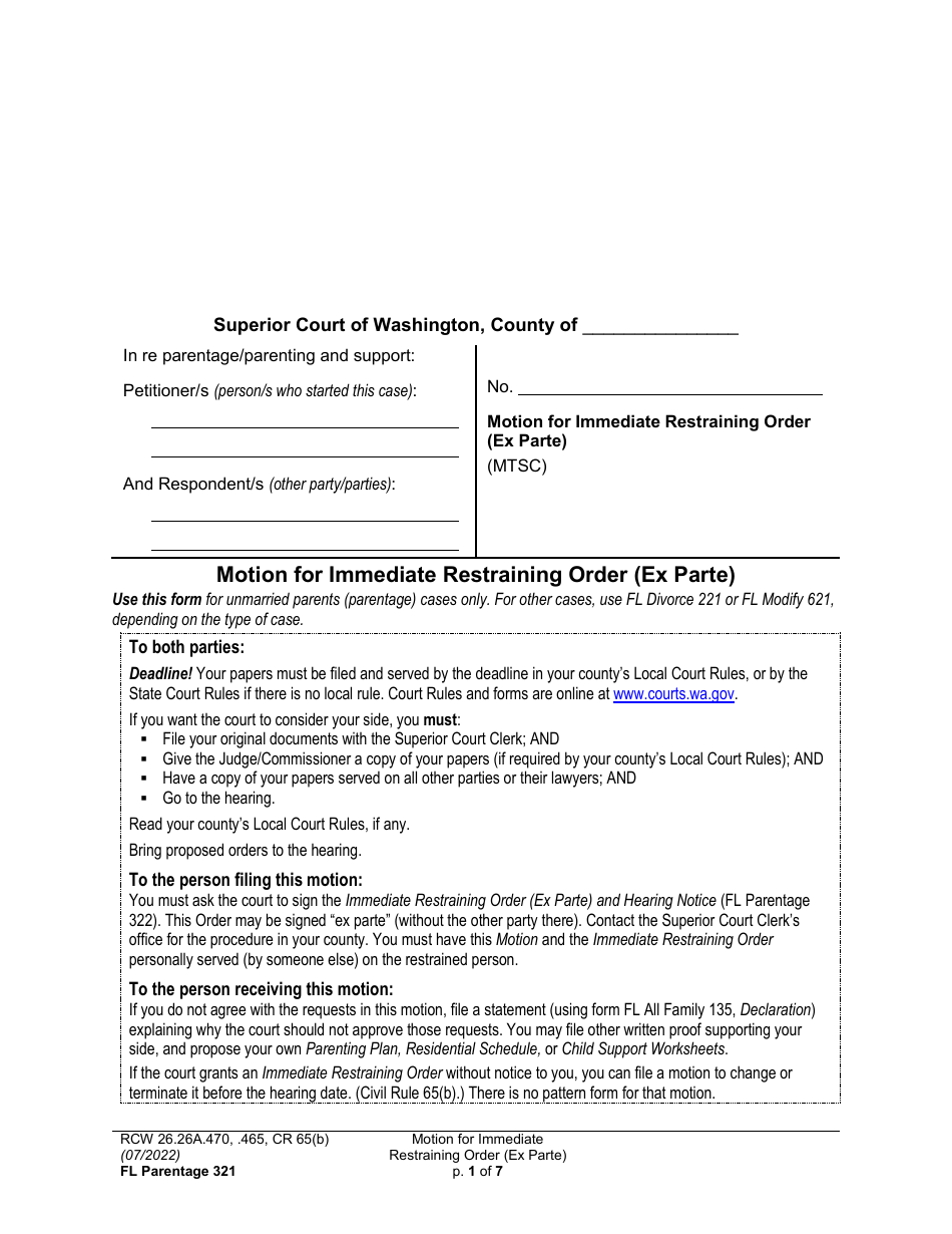 Form FL Parentage321 Download Printable PDF or Fill Online Motion for ...
