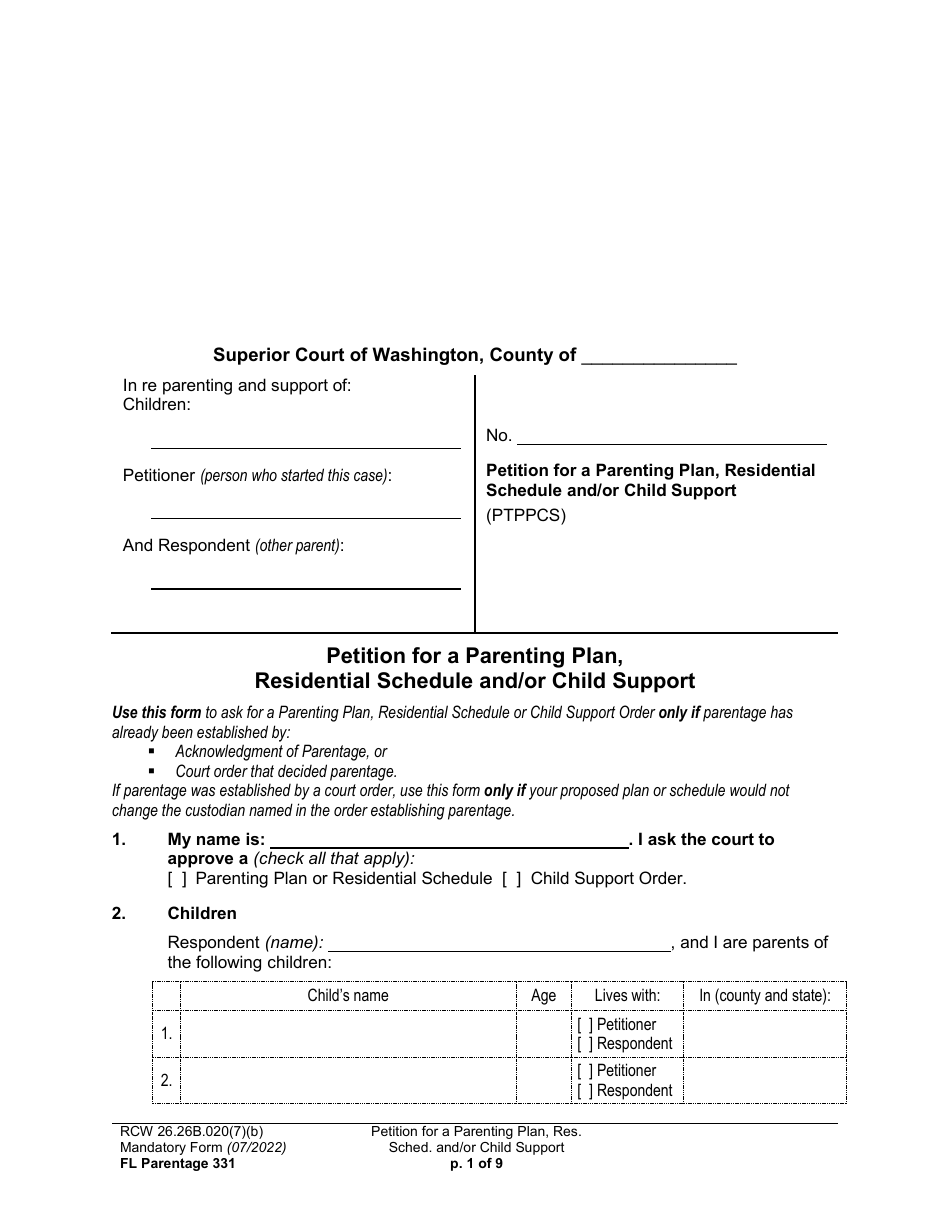 Form FL Parentage331 Download Printable PDF or Fill Online Petition for ...