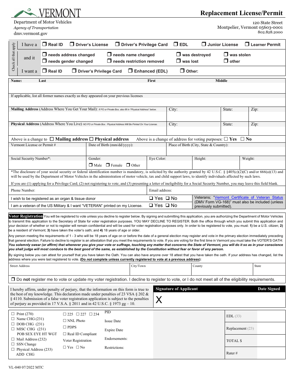 Form VL-040 - Fill Out, Sign Online and Download Fillable PDF, Vermont ...