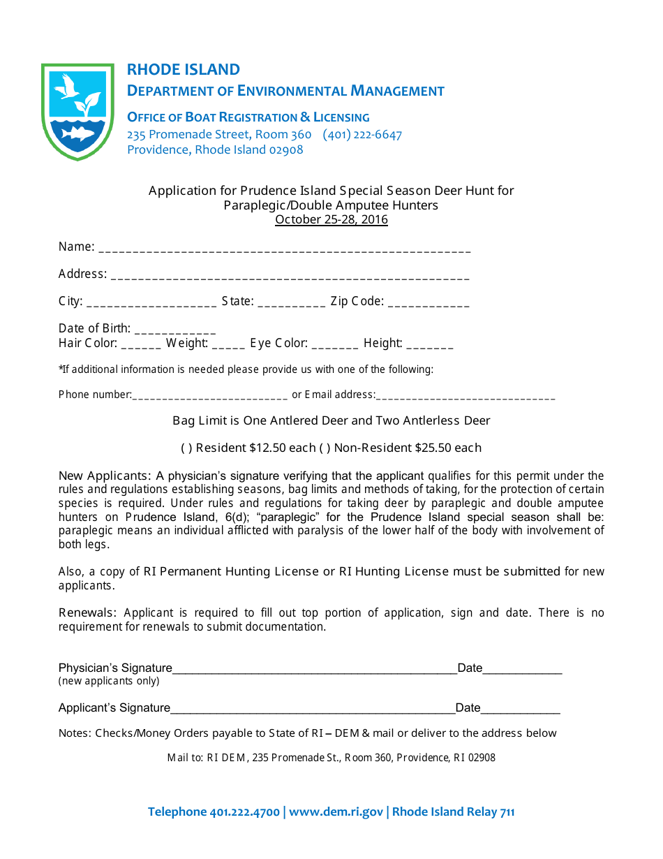 Rhode Island Application for Prudence Island Special Season Deer Hunt ...
