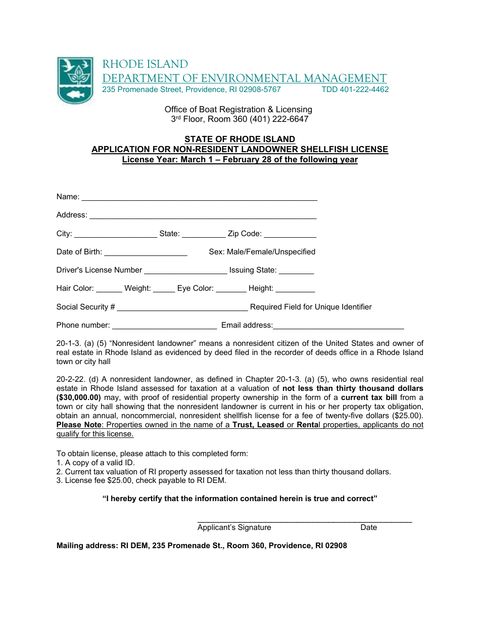 Rhode Island Application for Non-resident Landowner Shellfish License ...
