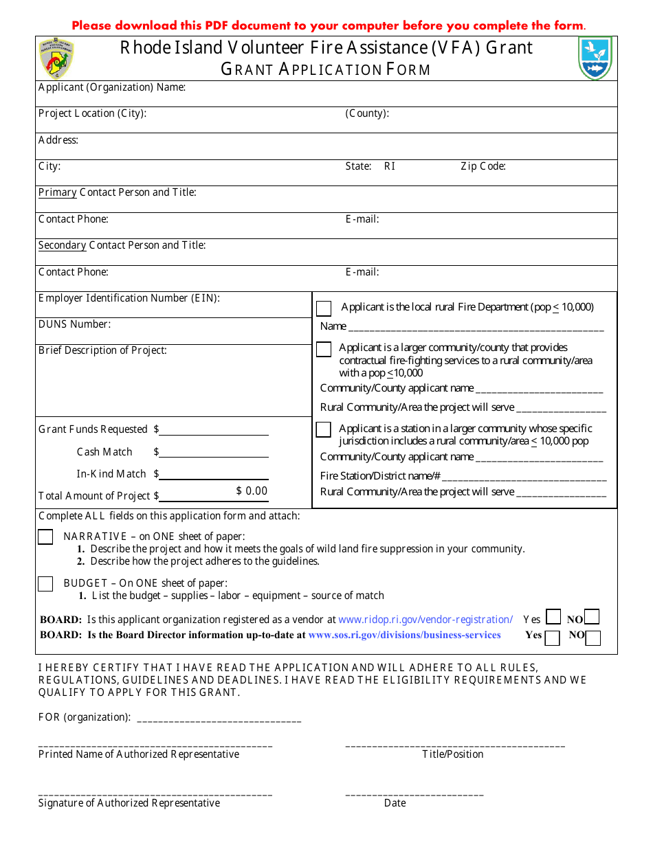 Rhode Island Grant Application Form - Rhode Island Volunteer Fire Assistance (Vfa) Grant - Fill ...